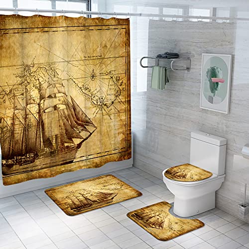 LyerArtork 4Pcs Nautical Map Shower Curtain Sets with Non-Slip Rug Toilet Lid Cover and Bath Mat Vintage Ocean Map Bathroom Curtain Retro Brown Bath Accessories with 12 pcs Hooks