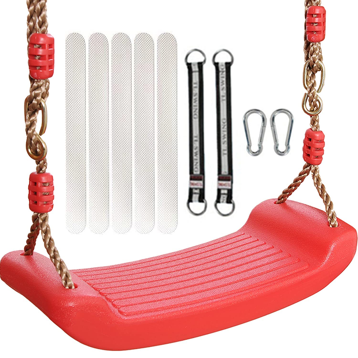 Plastic Swing Seat,Kids Swing Seat with 6.6ft Adjustable Rope and 2 Carabiners,Red Swings Pro with Non Slip Tape for Backyard Playground Indoor Outdoor