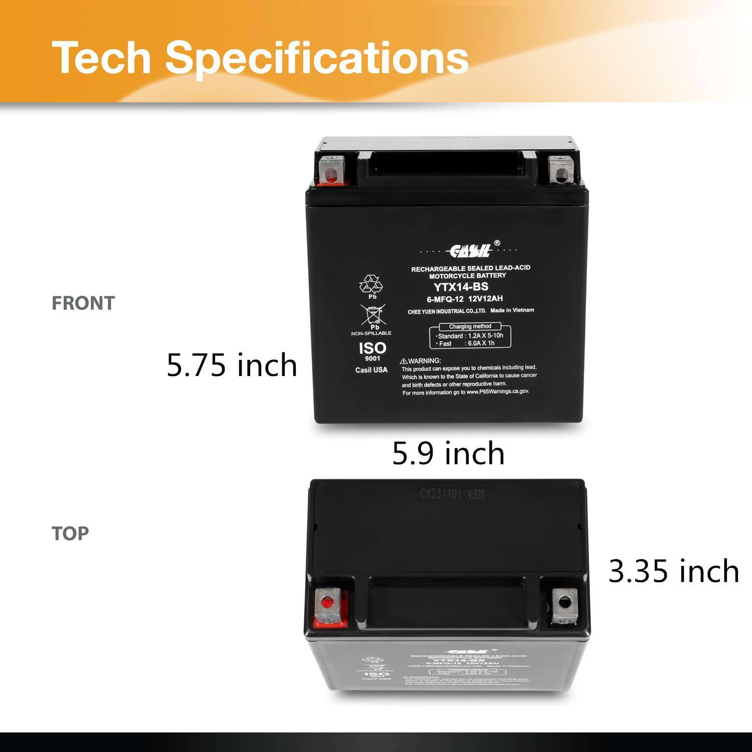 YTX14-BS Battery 12V 12AH 200 Cca - High Performance AGM SLA Power Sport Battery by Casil