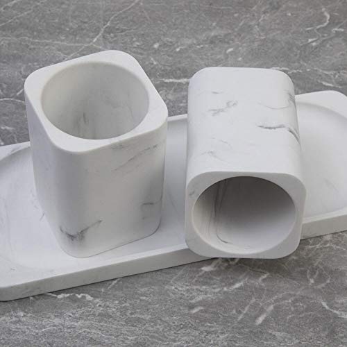 Besdor Bathroom Accessories Set Complete 3 Pieces Resin Marble Pattern 1 Vanity Tray and 2 Tumbler Cup Desk Organizer Makeup Brush Holder White