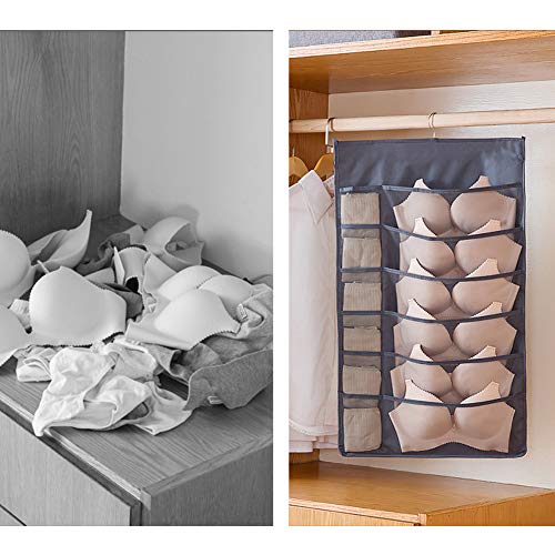 1 Piece Closet Hanging Organizer Storage Bags with Mesh Pockets and Rotating Metal Hanger Dual Sided Wall Shelf Wardrobe Organizers Storage Bags for Bra Underwear Underpants Socks(Gray, 24 Pocket)