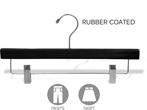 Black Rubberized Wooden Pant Hanger with Adjustable Cushion Clips, Rubber Coated Bottom Hangers with Chrome Swivel Hook (Set of 100) by The Great American Hanger Company