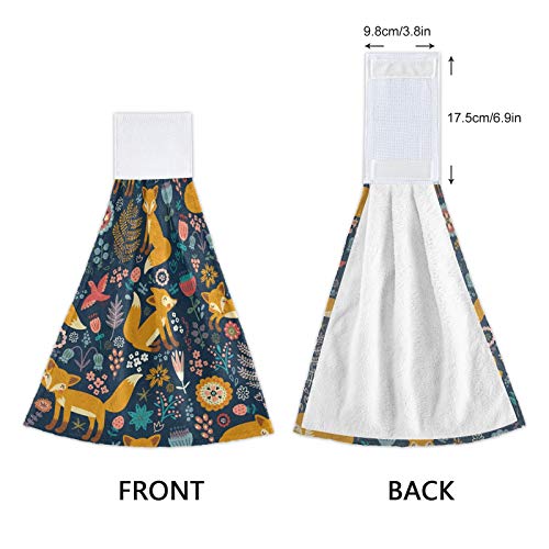 Oarencol Cute Fox Bird Flower Kitchen Hand Towel Forset Animal Floral Absorbent Hanging Tie Towels with Loop for Bathroom 2 Pcs