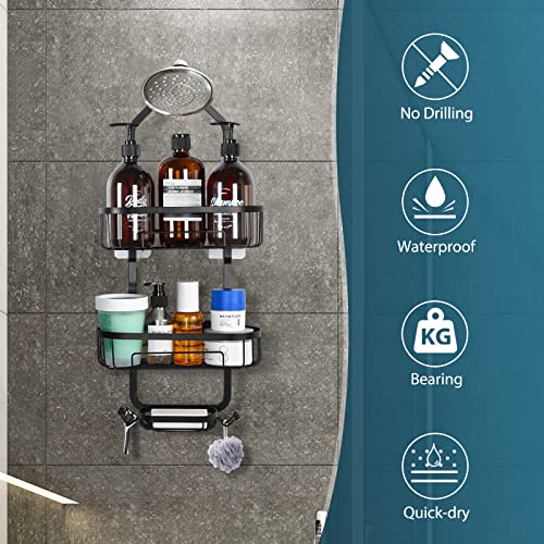 GAKEIHOO Hanging Shower Caddy, Non Drilling Shower Caddy Over Shower Head with Hooks for Razor and Sponge, Rustproof Shower Racks for Inside Shower for Bathroom & Shower Room(Black)