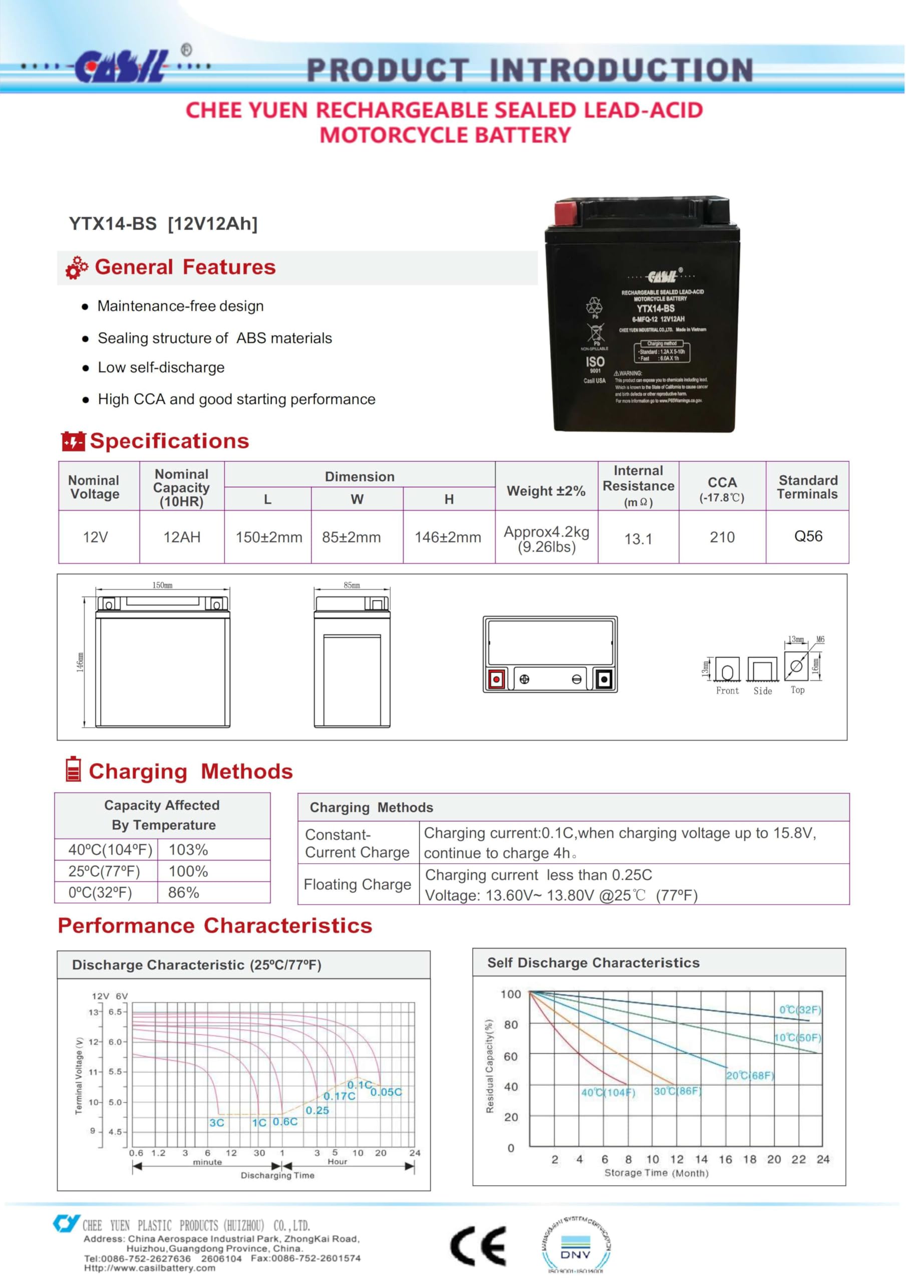 YTX14-BS Battery 12V 12AH 200 Cca - High Performance AGM SLA Power Sport Battery by Casil