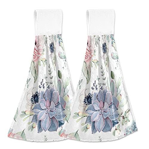 SLHKPNS Succulents Plant Kitchen Hanging Hand Towels,Watercolor Floral Absorbent Tie Towel with Loop 2 PCS Kitchen Linen Sets for Bathroom Restroom Home Decor