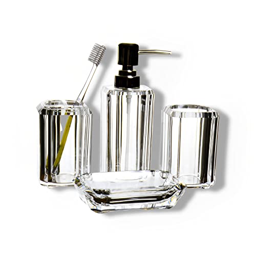 Holyfire Bathroom Accessory Set, 4-Piece Decorative Clear Acrylic Bathroom Decor Accessories Set, Soap Dispenser, Soap Dish, Toothbrush Holder, Toothbrush Cup, Clear
