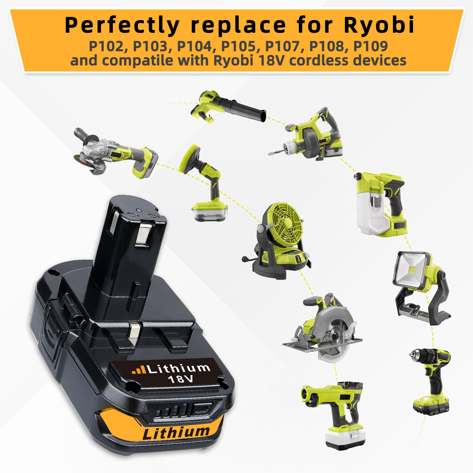 Masione 2Pack 3600mAh P102 Replacement for Ryobi 18V Battery Lithium ion ONE Plus P102 P103 P105 P107 P108 P109 P104 Compatible with Ryobi 18 Volt Cordless Tools Drill Weed Eater Edge Trimmer Battery