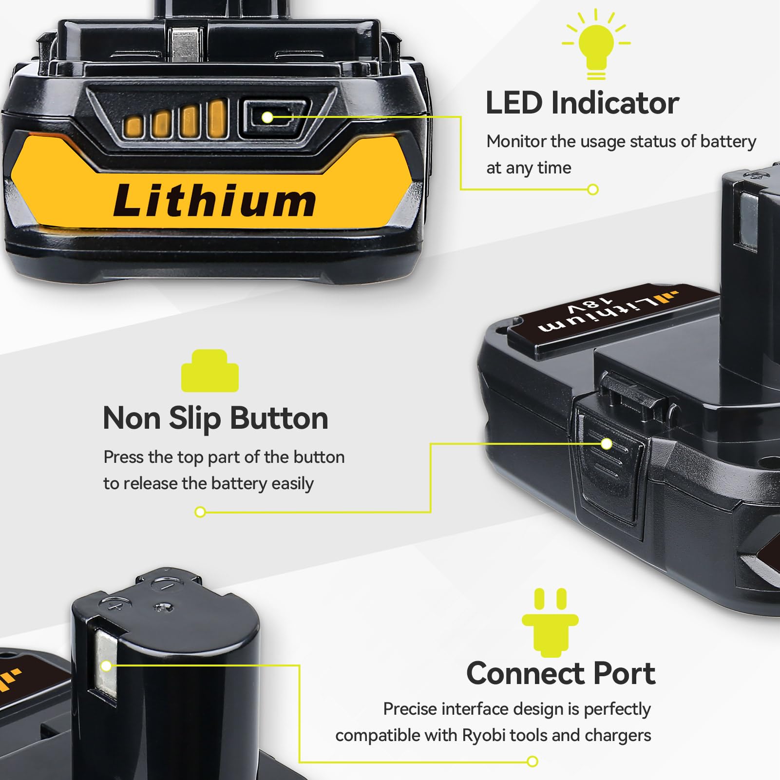 Masione 2Pack 3600mAh P102 Replacement for Ryobi 18V Battery Lithium ion ONE Plus P102 P103 P105 P107 P108 P109 P104 Compatible with Ryobi 18 Volt Cordless Tools Drill Weed Eater Edge Trimmer Battery