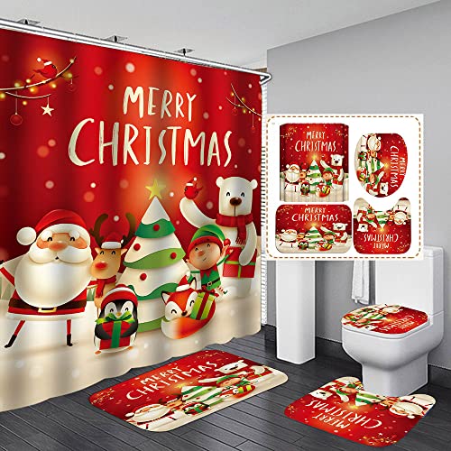 SENMULIN Christmas Bathroom Sets 4-Piece Set Christmas Shower Curtain Sets with Waterproof Shower Curtain, Non-Slip Bathroom Carpet, Bath Mat, Toilet Lid Coverļ¼Familyļ¼
