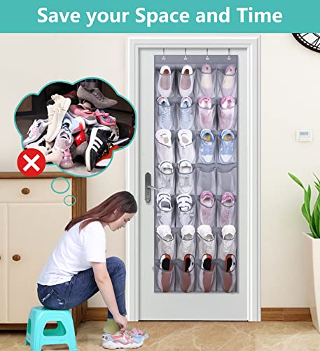 MISSLO 2 Pack 28 Large Pockets Hanging Shoe Rack Door Shoe Organizer Hanging Shoe Storage Hanger for Closet Mesh Holder, Grey, White