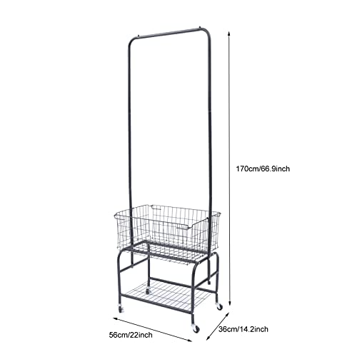 Fetcoi Metal Rolling Laundry Cart Garment Rack, Laundry Hamper Basket Cart with Metal Wire Storage Rack and Hanging Rack on Wheels, Black
