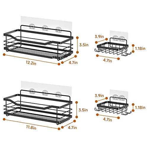 Hesento 4-Pack Shower Caddy, Strong Adhesive Shower Organizer Shelf with 2 Hooks, No Drilling Rustproof SUS304 Stainless Steel Shower Shelves for Bathroom, Toilet, Kitchen (Matte Black)