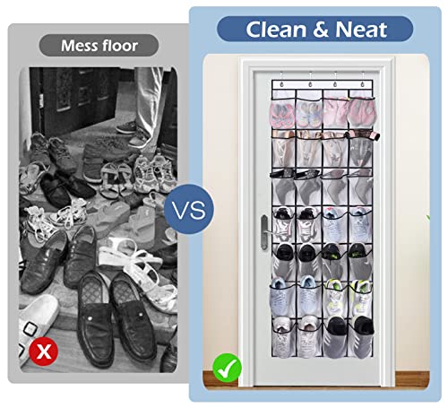 MISSLO 2 Pack 28 Large Pockets Hanging Shoe Rack Door Shoe Organizer Hanging Shoe Storage Hanger for Closet Mesh Holder, Grey, White