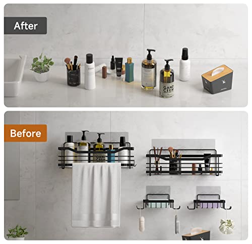 Hesento 4-Pack Shower Caddy, Strong Adhesive Shower Organizer Shelf with 2 Hooks, No Drilling Rustproof SUS304 Stainless Steel Shower Shelves for Bathroom, Toilet, Kitchen (Matte Black)