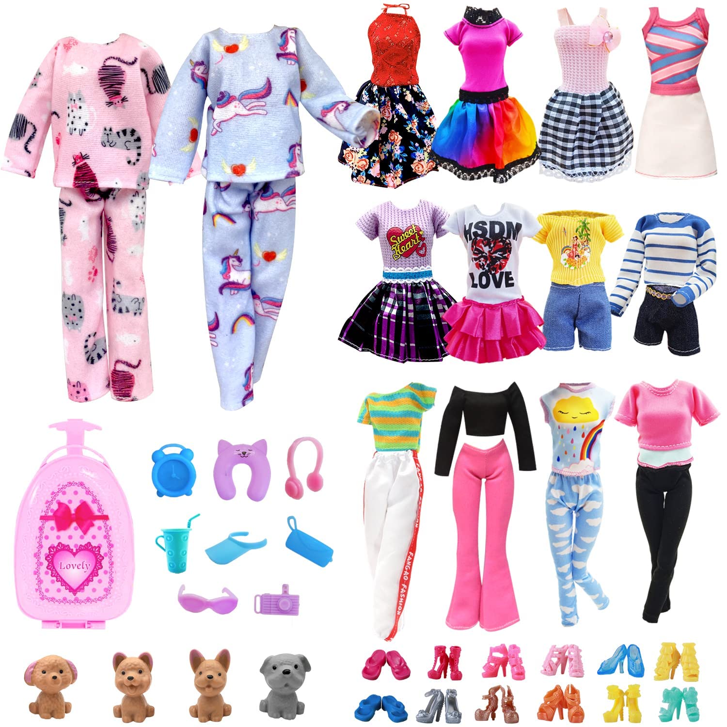 28 Pack Girl Dolls Clothes and Accessories, 2 Storytelling Pajamas, 3 Fashion Dresses, 3 Clothing Outfits, 10 Shoes, Travel Set for 11.5 inch Dolls, Mini School Supplies
