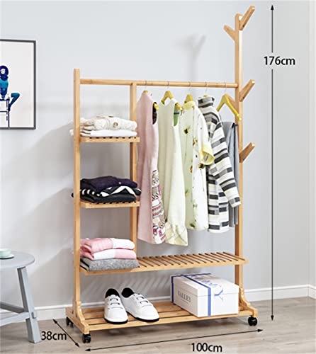 YXDFG Clothing Rack Bamboo Garment Rack,Rolling Clothes Rack,Multifunctional Bedroom Hanging Rack, 4 Layers Wardrobe Storage Shelves with Wheels 6 Hooks