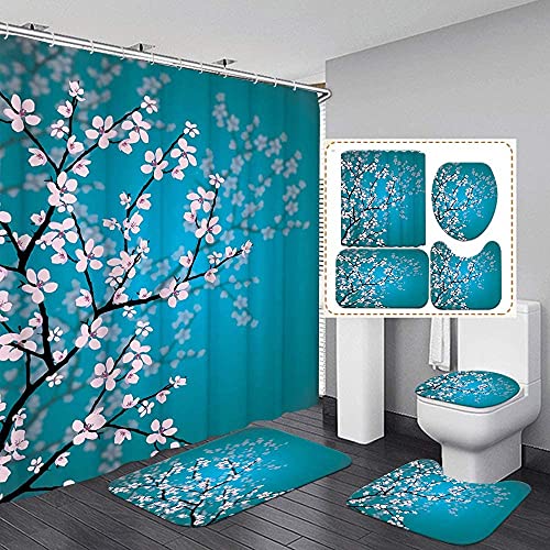 4Pcs Cherry Blossom Shower Curtain Set with Non-Slip Rugs and Toilet Lid Cover Pink Sakura Floral Blossom Teal Bath Curtains Plum Tree Bathroom Decor