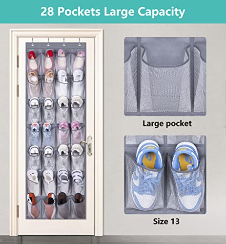 MISSLO 2 Pack 28 Large Pockets Hanging Shoe Rack Door Shoe Organizer Hanging Shoe Storage Hanger for Closet Mesh Holder, Grey, White
