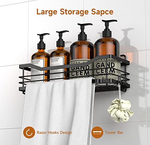 Hesento 4-Pack Shower Caddy, Strong Adhesive Shower Organizer Shelf with 2 Hooks, No Drilling Rustproof SUS304 Stainless Steel Shower Shelves for Bathroom, Toilet, Kitchen (Matte Black)