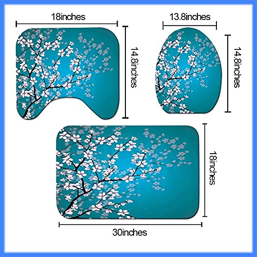 4Pcs Cherry Blossom Shower Curtain Set with Non-Slip Rugs and Toilet Lid Cover Pink Sakura Floral Blossom Teal Bath Curtains Plum Tree Bathroom Decor