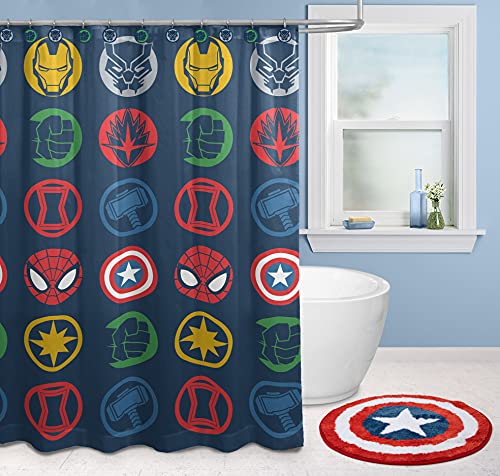 Jay Franco Marvel Avengers Shields 14 Piece Bathroom Set - Includes Shower Curtain, 12 Hooks, & Non-Slip Bath Rug - Easy Care Fabric (Official Marvel Product)