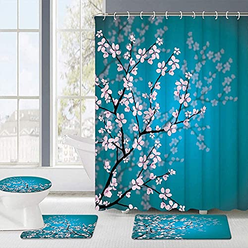 4Pcs Cherry Blossom Shower Curtain Set with Non-Slip Rugs and Toilet Lid Cover Pink Sakura Floral Blossom Teal Bath Curtains Plum Tree Bathroom Decor