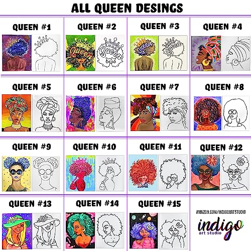 Indigo Art Studio Pre Drawn Canvas Paint Kit for Adults Kids | Stenciled With Marker | Art Activity | Afro Queen Retro | DIY Birthday Gift & Sip and Paint With Twist Party Queen #5 (8x10 Inches)