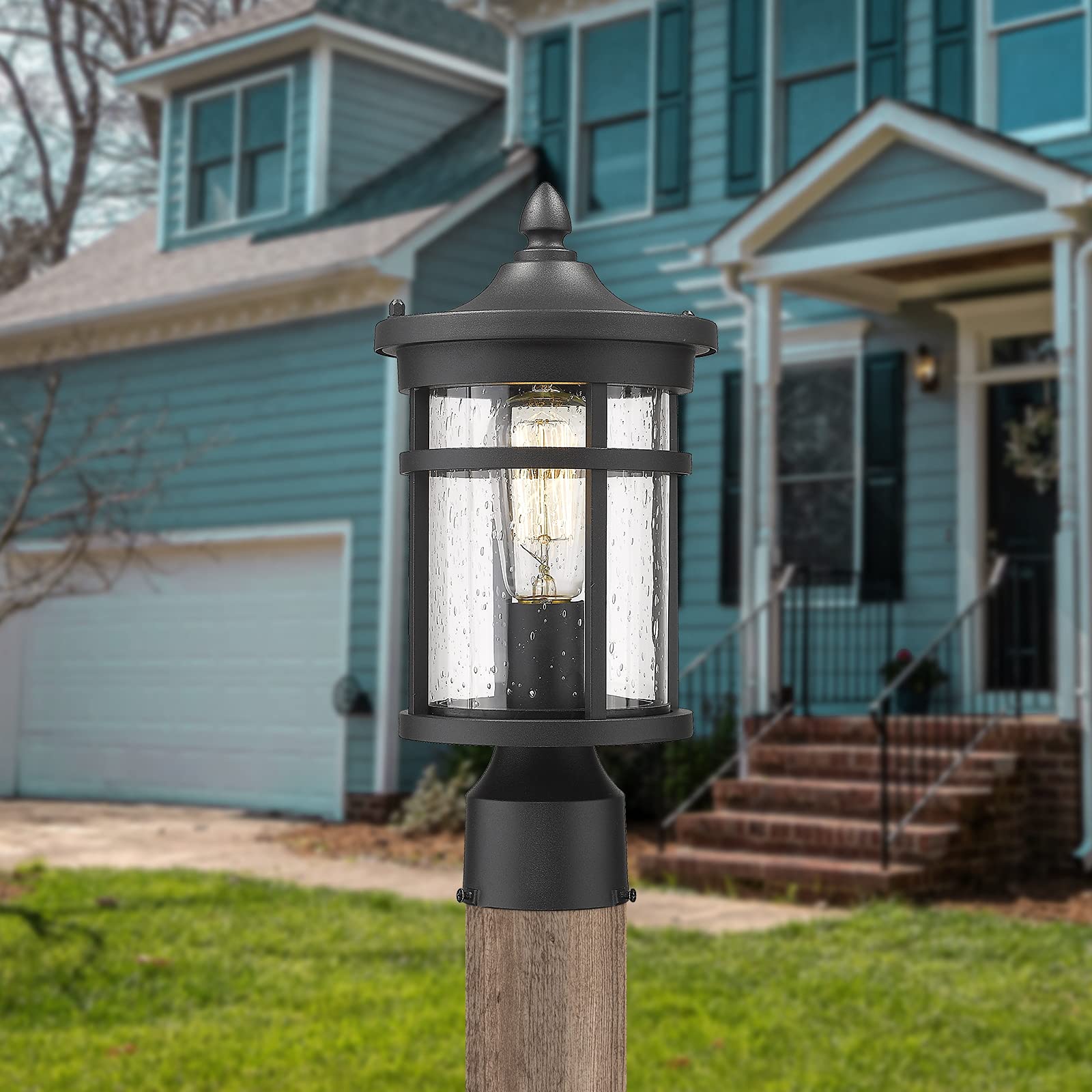 Diyel Outdoor Post Light Fixture, 13.8" Exterior Pillar Lantern with Black Finish and Seeded Glass, Exterior Post Lamp, RZ002-P BK