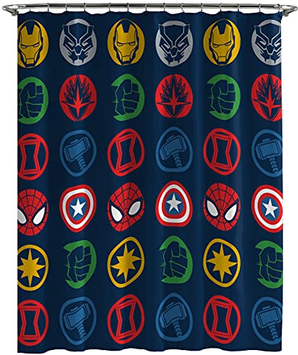 Jay Franco Marvel Avengers Shields 14 Piece Bathroom Set - Includes Shower Curtain, 12 Hooks, & Non-Slip Bath Rug - Easy Care Fabric (Official Marvel Product)