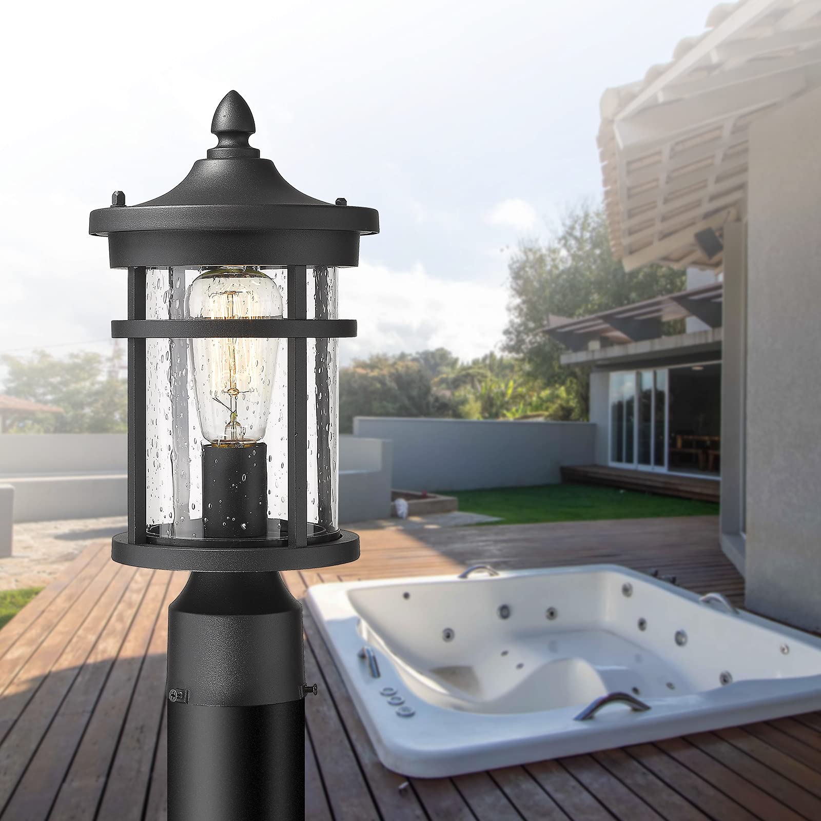 Diyel Outdoor Post Light Fixture, 13.8" Exterior Pillar Lantern with Black Finish and Seeded Glass, Exterior Post Lamp, RZ002-P BK