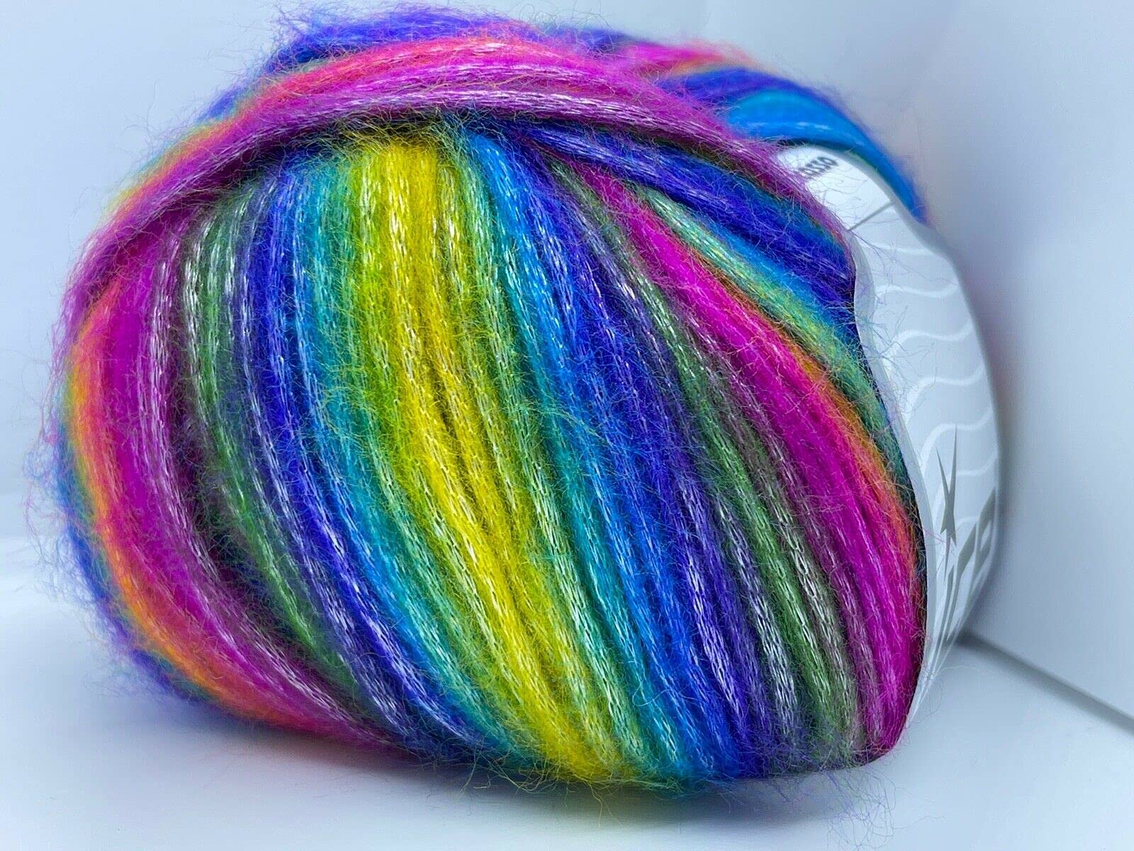 Picasso Rainbow II - Blue, Purple, Green, Yellow, Orange, Fuchsia Fuzzy with Subtle Sheen Yarn, Polyester, Acrylic Blend 50 gram 125 Yards