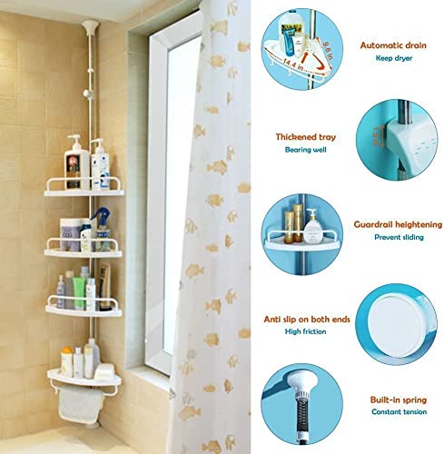 Elenens 4-Layer Retractable Bathroom Corner Tension Shower Caddy with Stainless Steel Pole, Ivory White