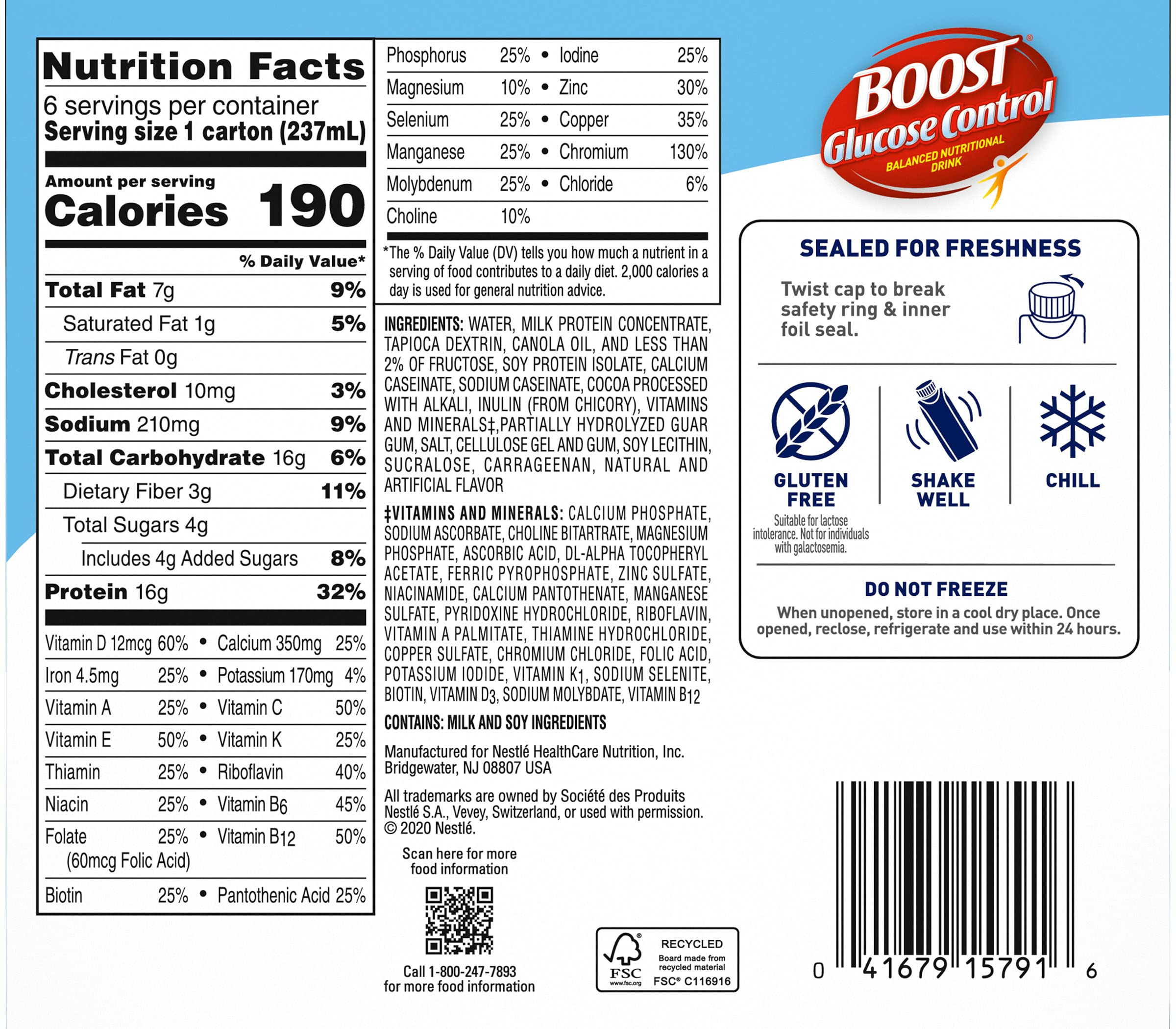 BOOST Glucose Control Balanced Nutritional Drink, Rich Chocolate, Helps Manage Blood Sugar with No Artificial Colors, 8 FL OZ Bottles, 6 CT (Pack of 1)