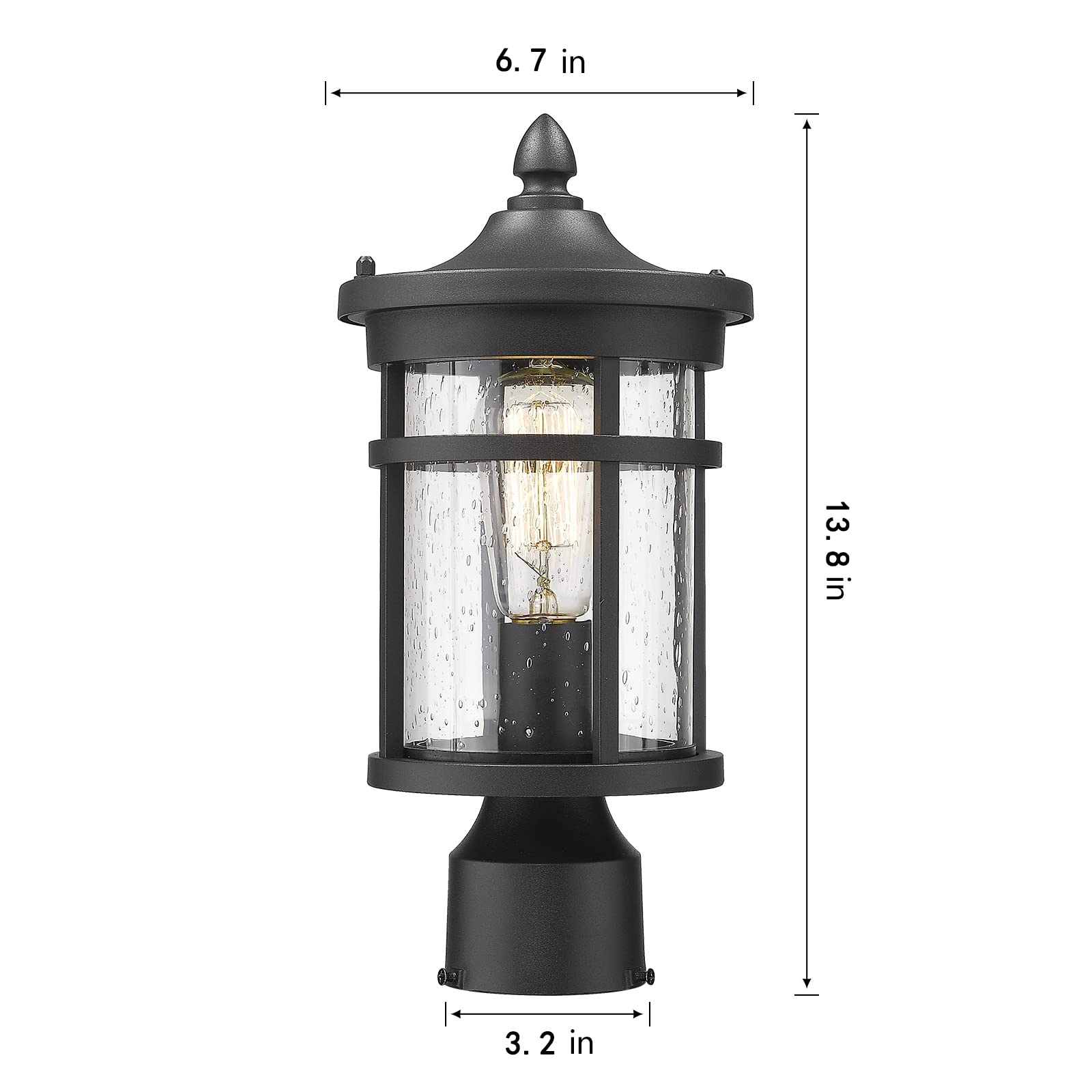 Diyel Outdoor Post Light Fixture, 13.8" Exterior Pillar Lantern with Black Finish and Seeded Glass, Exterior Post Lamp, RZ002-P BK