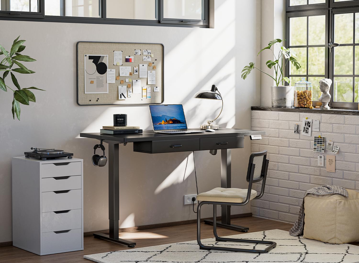 FEZIBO Adjustable Height Electric Standing Desk with Double Drawer, 48 x 24 Inches Stand Up Home Office Desk with Splice Tabletop, Black Frame/Black Top