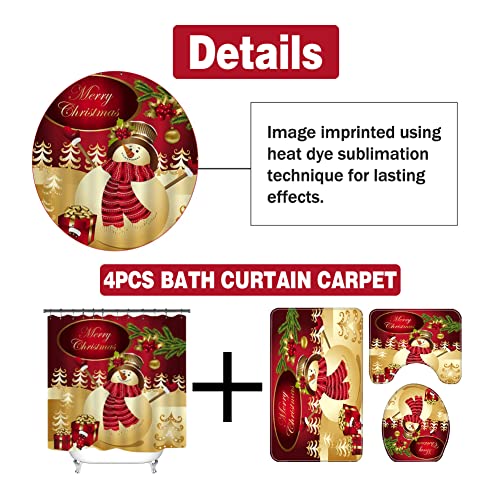 Novobey 4 Pcs Merry Christmas Shower Curtain Sets with Non-Slip Bathroom Rugs, Lid Toilet Cover, Bath Mat, Shower Curtain Christmas Bathroom Decor
