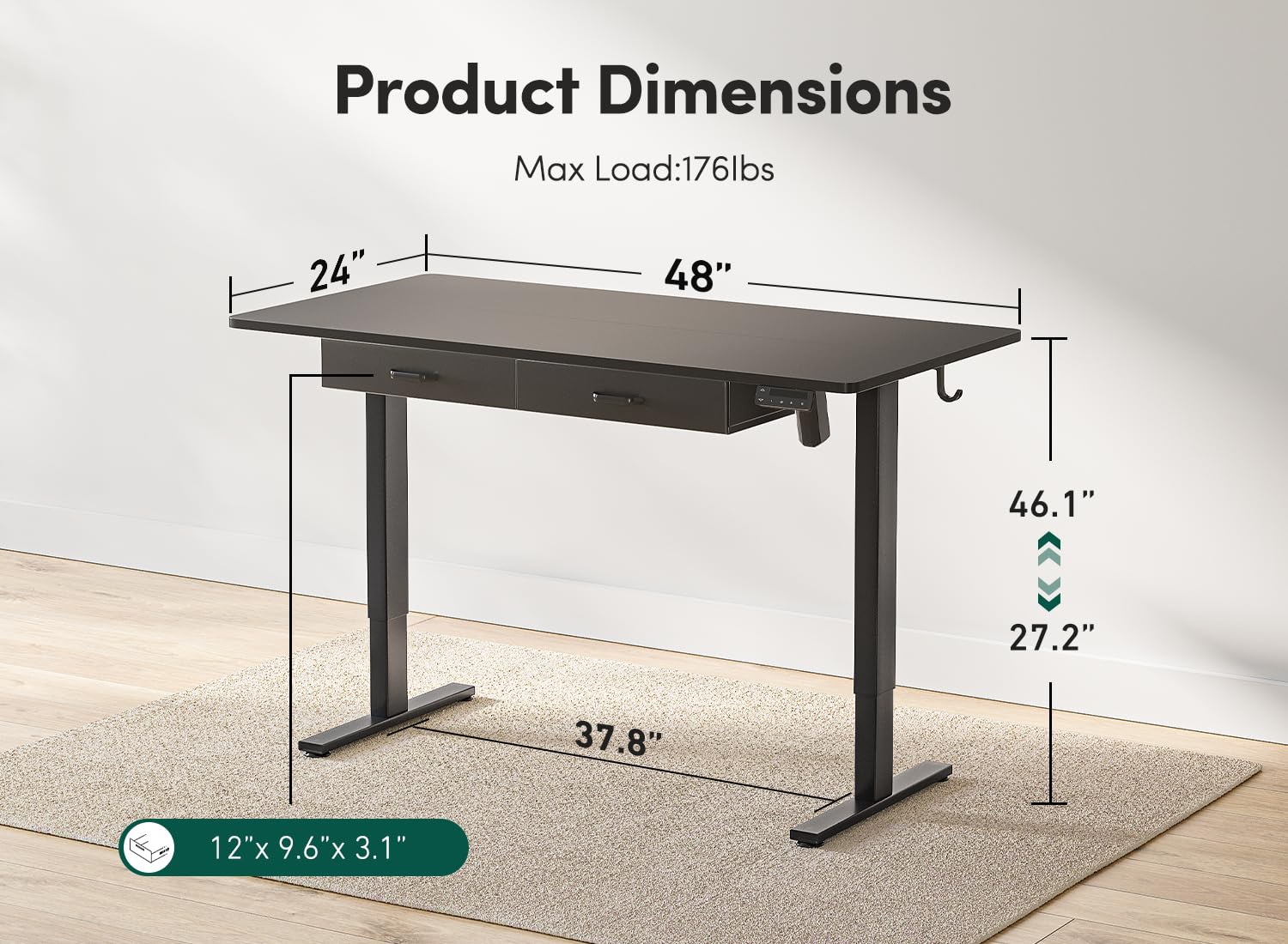 FEZIBO Adjustable Height Electric Standing Desk with Double Drawer, 48 x 24 Inches Stand Up Home Office Desk with Splice Tabletop, Black Frame/Black Top