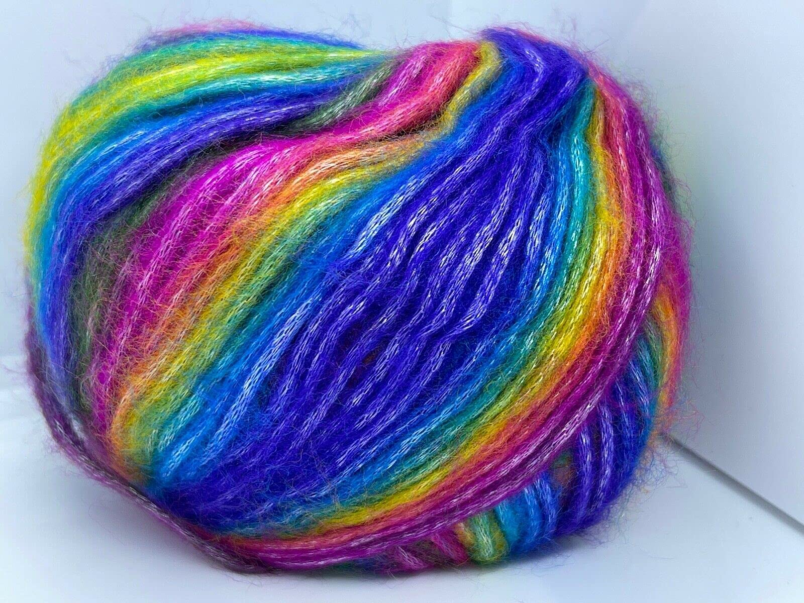 Picasso Rainbow II - Blue, Purple, Green, Yellow, Orange, Fuchsia Fuzzy with Subtle Sheen Yarn, Polyester, Acrylic Blend 50 gram 125 Yards