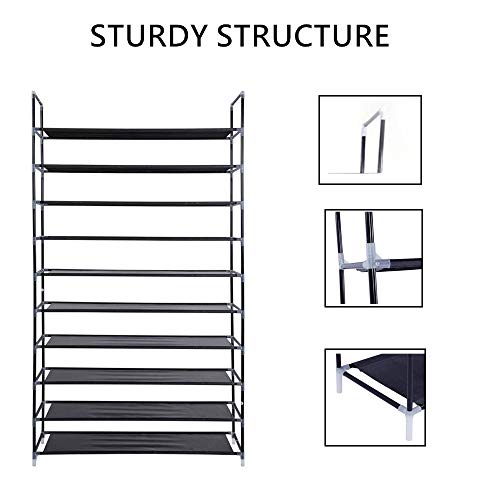 WEI WEI GLOBAL 10 Tiers Shoe Rack, 50 Pairs Non-Woven Fabric Shoe Storage Organizer, Shoe Tower Organizer Cabinet, Space Saving Shelf Closet (Black)