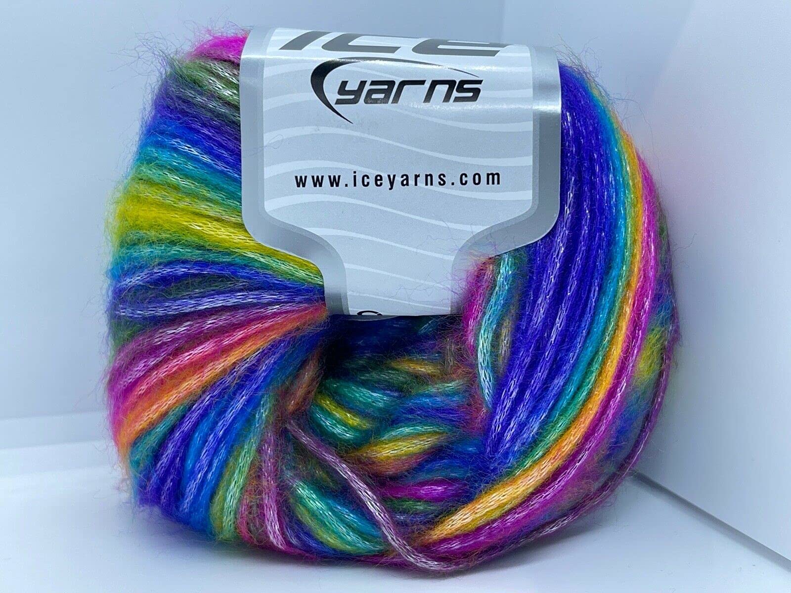 Picasso Rainbow II - Blue, Purple, Green, Yellow, Orange, Fuchsia Fuzzy with Subtle Sheen Yarn, Polyester, Acrylic Blend 50 gram 125 Yards