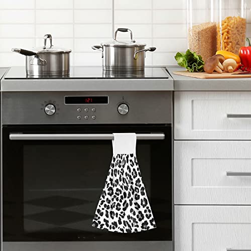 Kitchen Hanging Hand Towels for Bathroom Decorative with Hanging Loop White Leopard Black Cheetah Set of 2 Soft Absorbent Funny