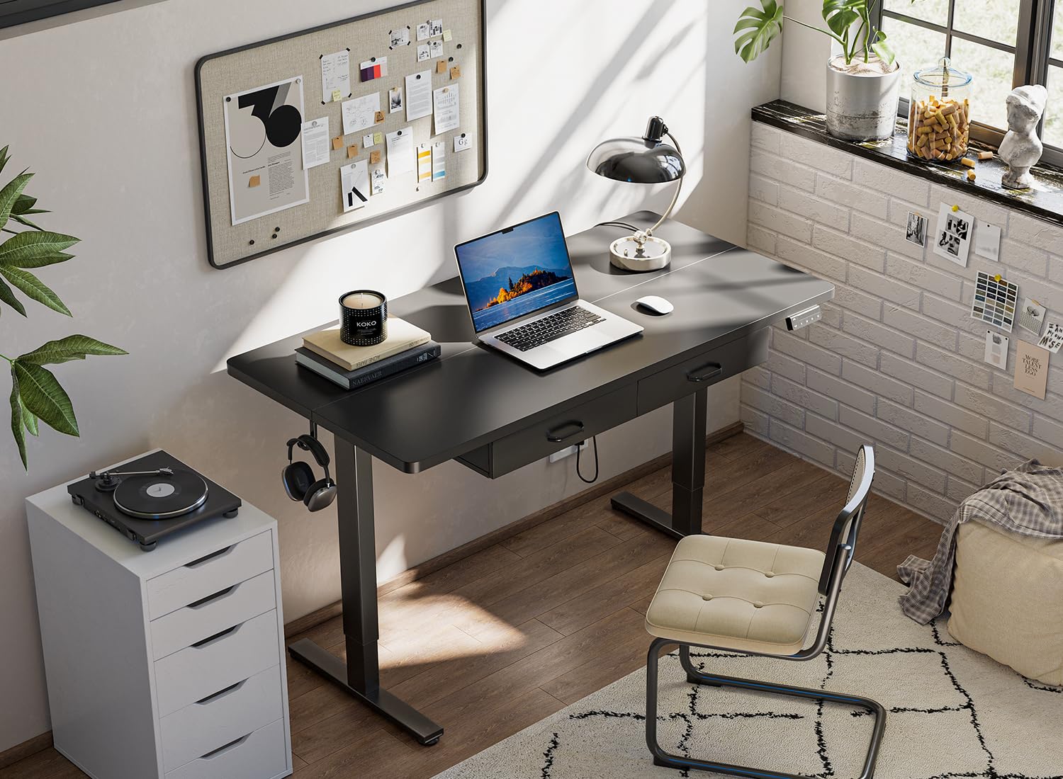 FEZIBO Adjustable Height Electric Standing Desk with Double Drawer, 48 x 24 Inches Stand Up Home Office Desk with Splice Tabletop, Black Frame/Black Top