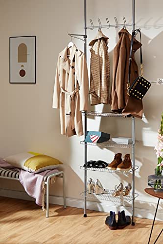 WENKO Appolon Telescopic Rack System Rail, Adjustable, Heavy Duty, for Hanging Clothes, Storage, Organizer, with Shelves, 24 x 70.9-118.1 x 11 in