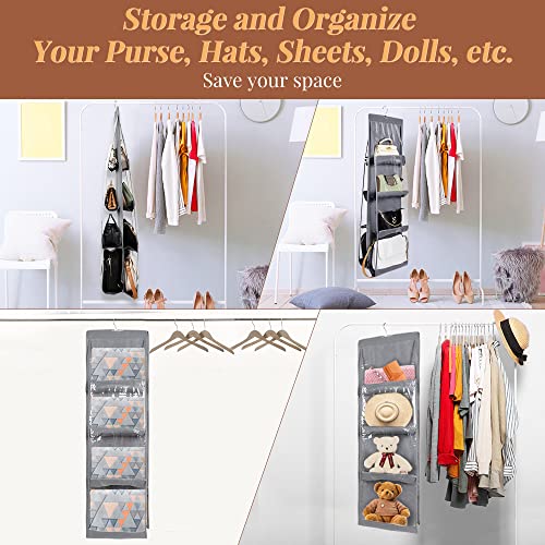 Ceuku Hanging Handbag Organizer 2 Pcs Hanging Purse Organizer with 8 Easy Access Pockets Dustproof Hanging Bag Organizer for Purse Handbag, Purse Organizer for Closet Space Saving Grey 46” L x 13.8” W