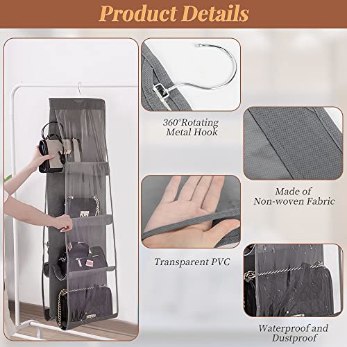 Ceuku Hanging Handbag Organizer 2 Pcs Hanging Purse Organizer with 8 Easy Access Pockets Dustproof Hanging Bag Organizer for Purse Handbag, Purse Organizer for Closet Space Saving Grey 46” L x 13.8” W