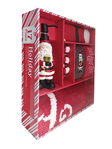 17-Piece Christmas Holiday Bathroom Accessory Set with | Resin Liquid Soap Pump| Bath Rug | Shower Curtain | 12 Curtain Hooks | 2 Hand Towels| Gift Box Set | Xmas Decor (Silly Santa)