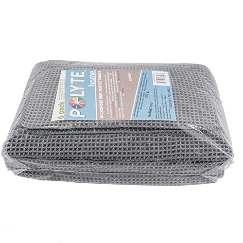POLYTE Oversize, 60 x 30 in, Quick Dry Lint Free Microfiber Bath Towel Set, 6 Piece (Gray, Waffle Weave)
