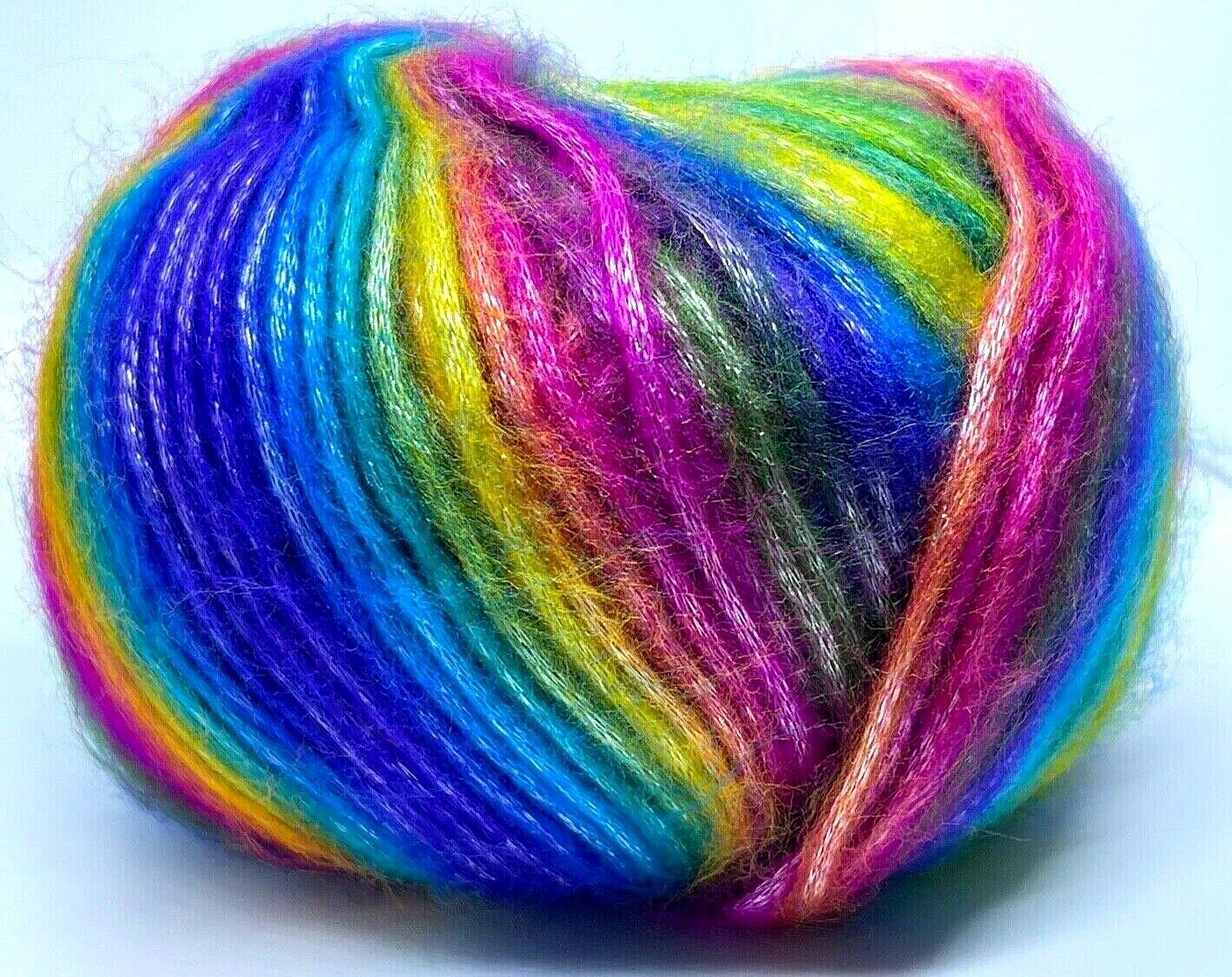 Picasso Rainbow II - Blue, Purple, Green, Yellow, Orange, Fuchsia Fuzzy with Subtle Sheen Yarn, Polyester, Acrylic Blend 50 gram 125 Yards