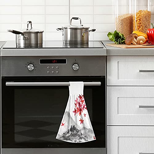 2 Pack Fall Red Maple Leaves Hanging Kitchen Towel with Loop Ink Japanese Mountains Hand Towels Soft Microfiber Coral Velvet Dish Towel for Bathroom Washcloth Absorbent Tie Towel …